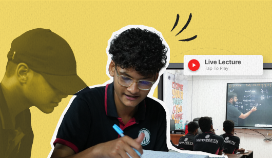 Student writing notes with a live lecture icon overlay